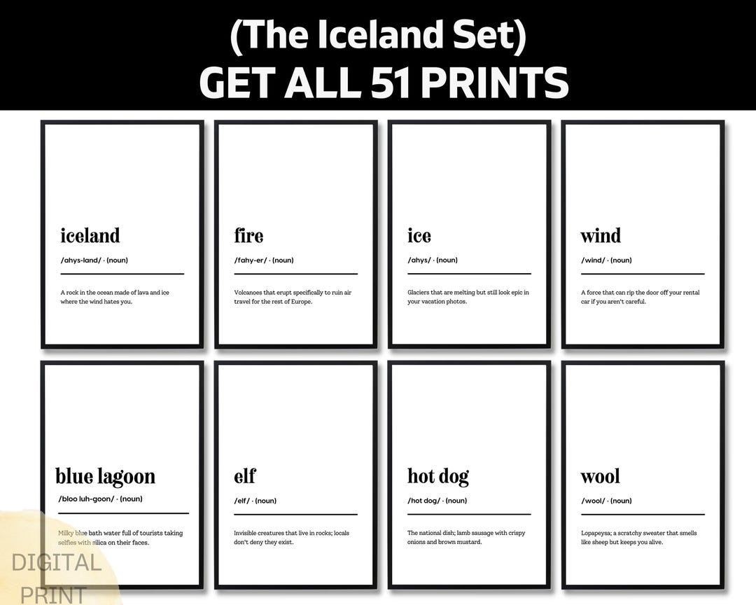 Funny Icelandic Definition Print Set, Iceland Humor Wall Art, Reykjavik ...