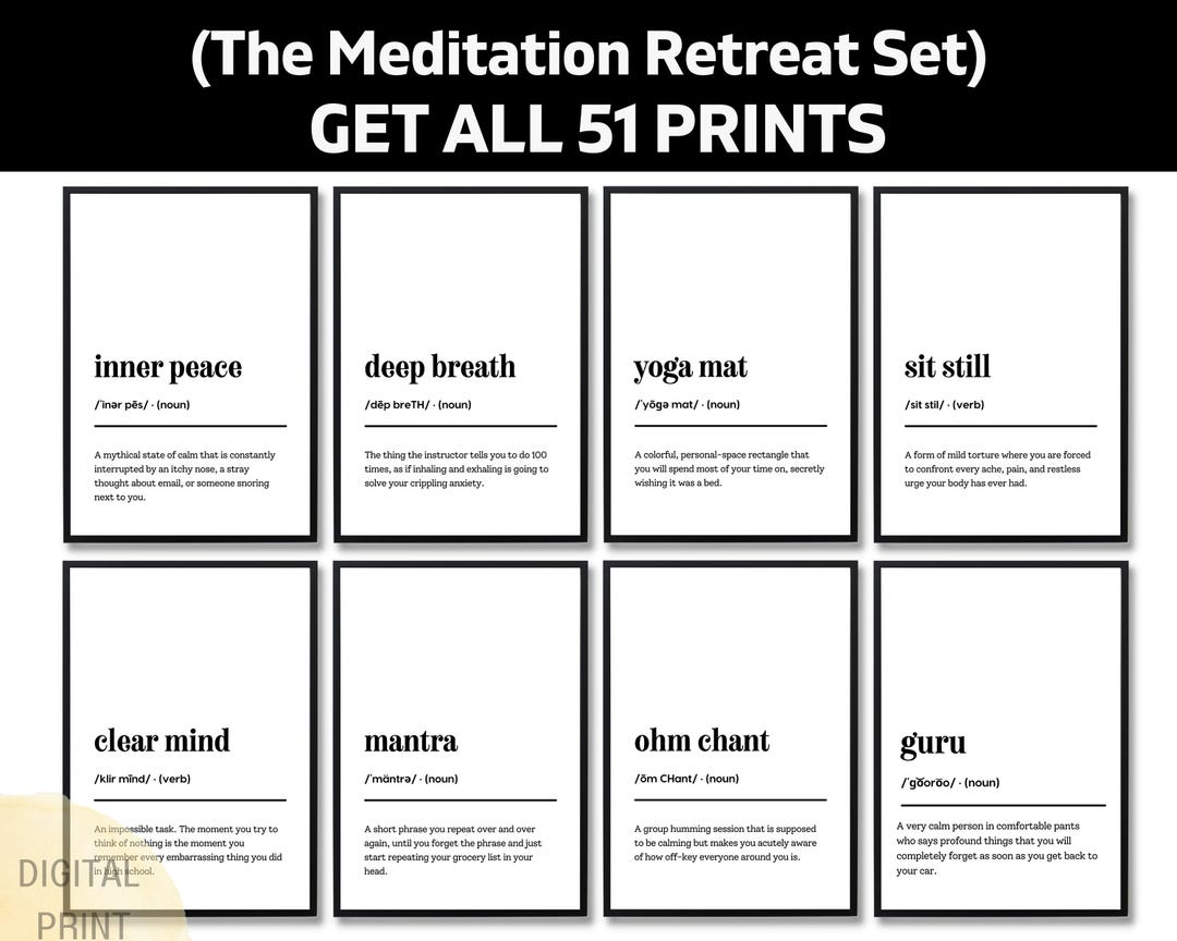 Meditation Funny Definition Print Set, Mindfulness Humor Poster, Zen ...