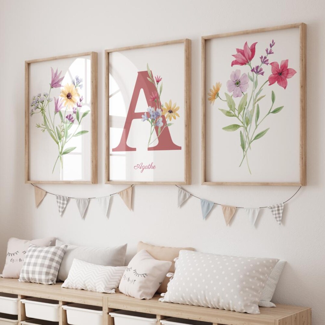 Trio Posters With Personalized Letters and First Names - Flowers ...
