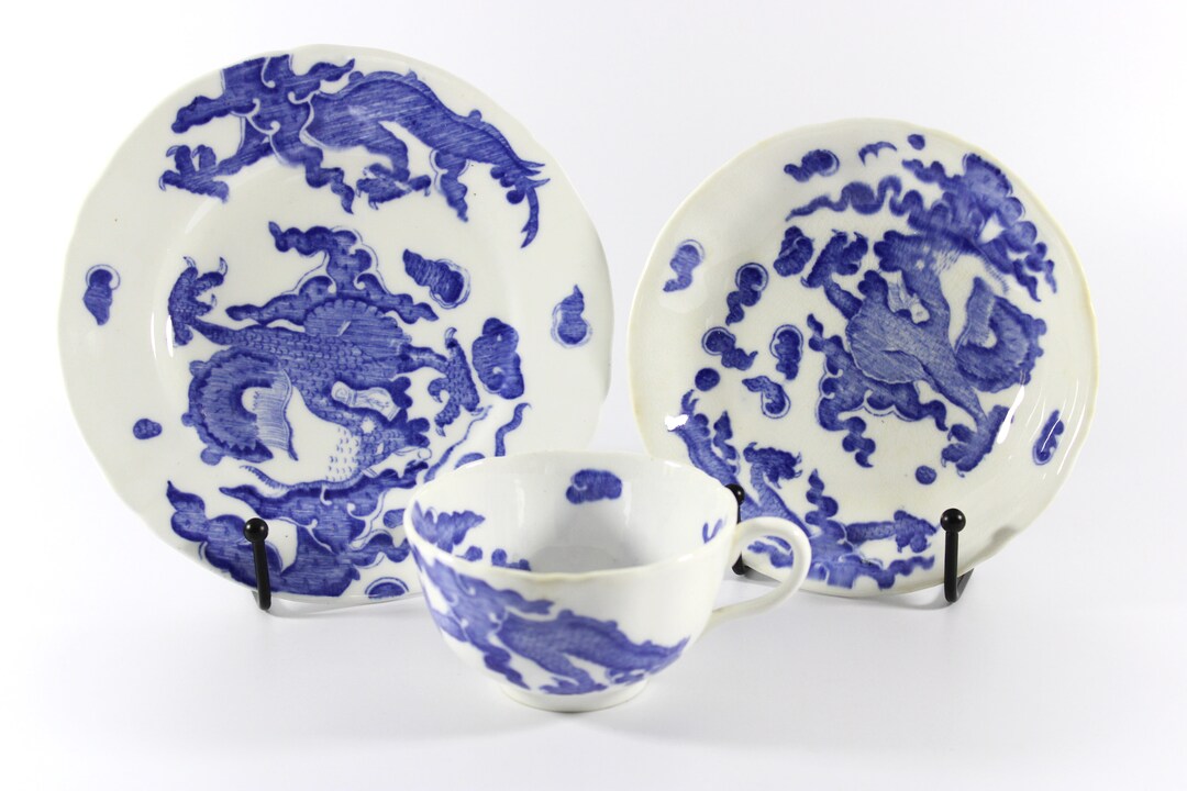 Antique Coalport Blue and White Dragon Tea Cup Trio / 1891-1919 - Etsy