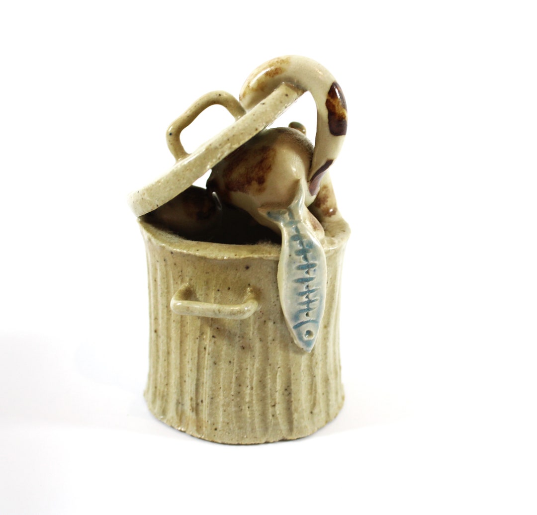 Studio Pottery Cat Climbing in Rubbish Bin Ornament / Signed / Corrie ...