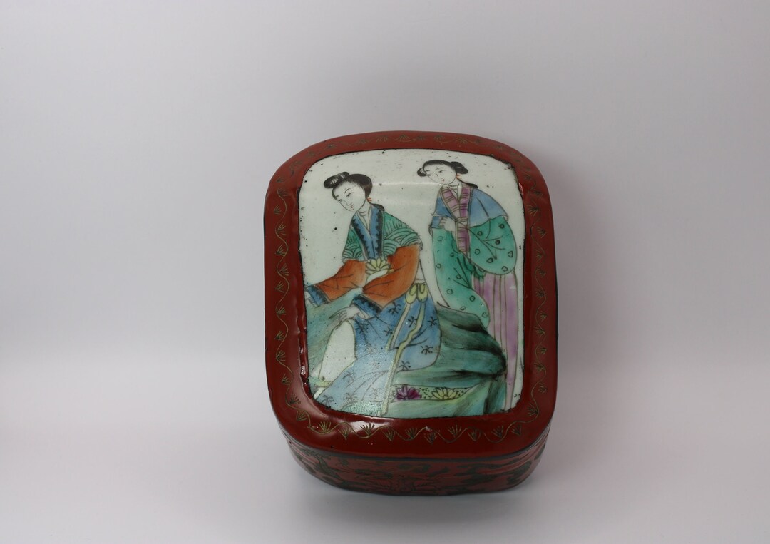Antique Chinese Paper Mache With Inlaid Porcelain Trinket Box - Etsy