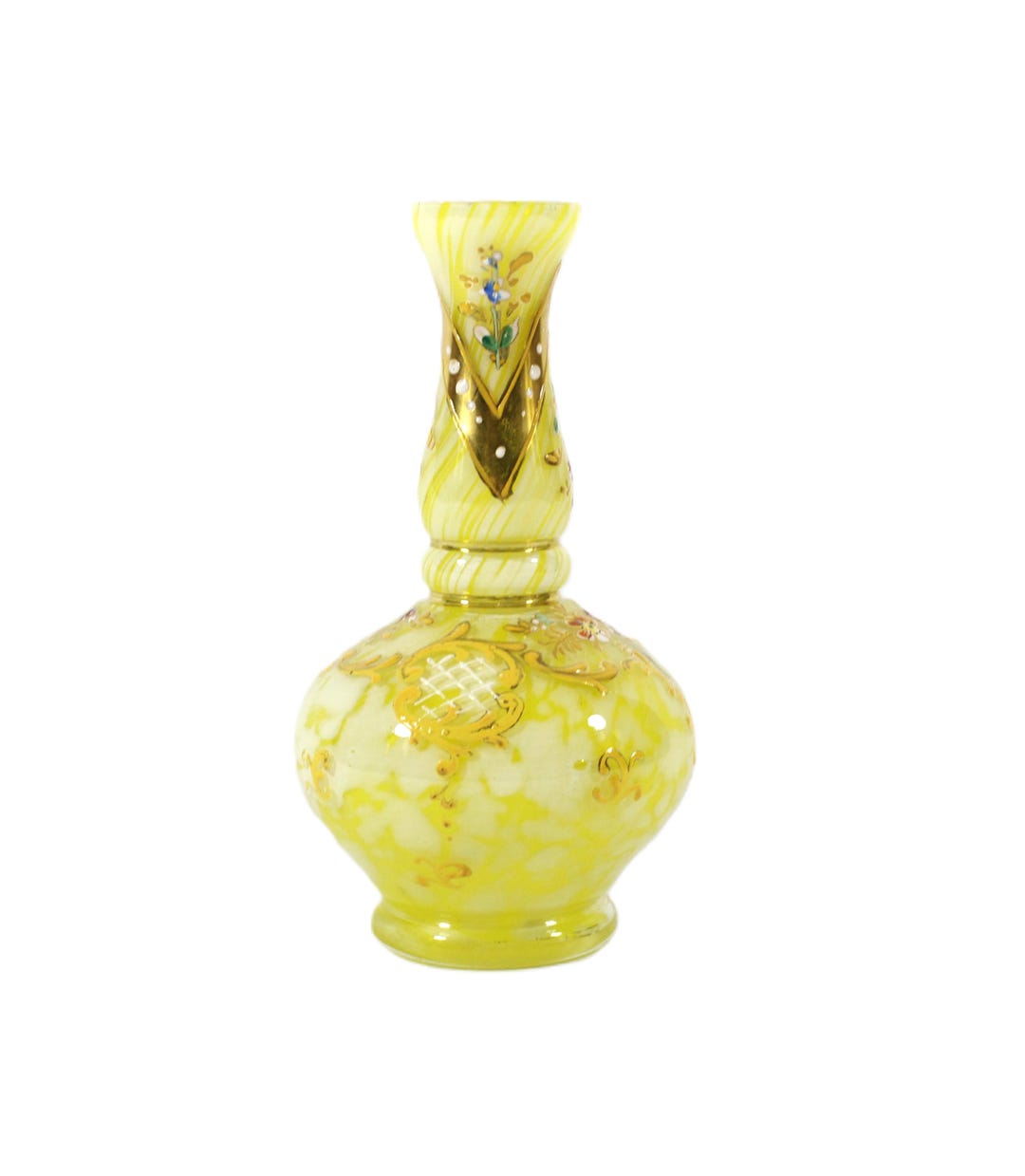 Antique Franz Welz Yellow and White Spatter Glass Bud Vase Enamel Paint ...