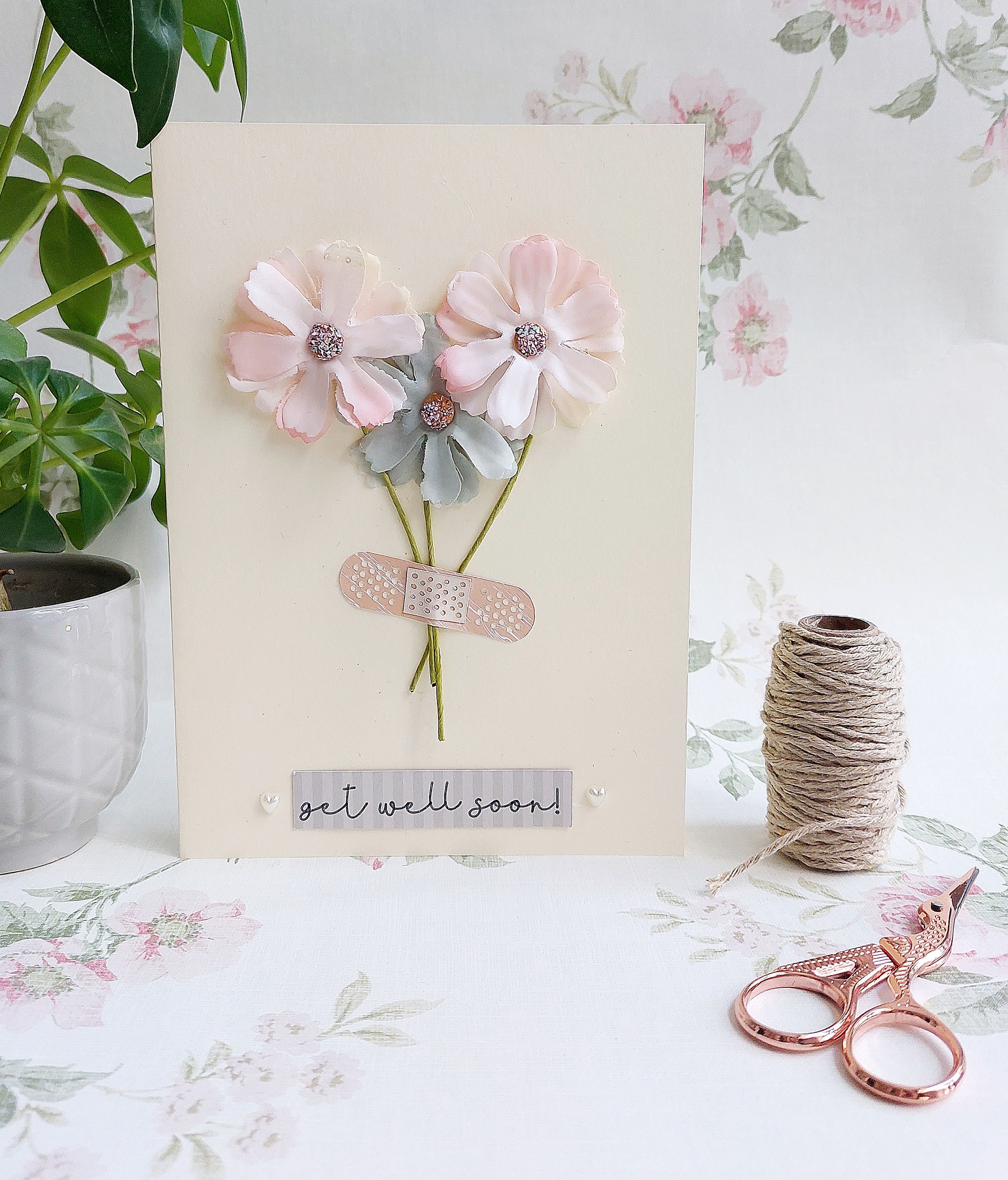 Unique Get Well Soon Card. Flowers and a Plaster or Band Aid. Feeling ...