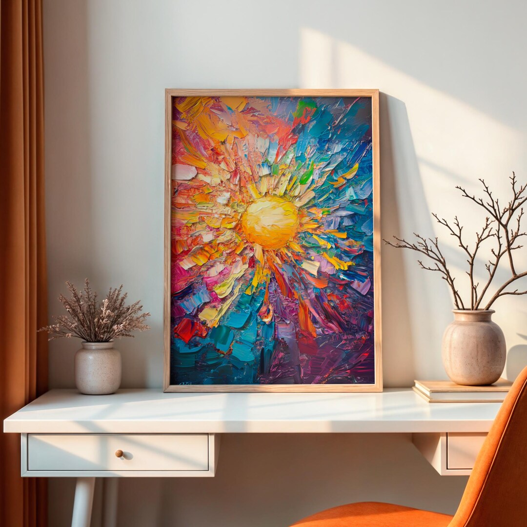 Vibrant Sunburst Oil Painting, Colorful Boho Textured Sun, Modern ...