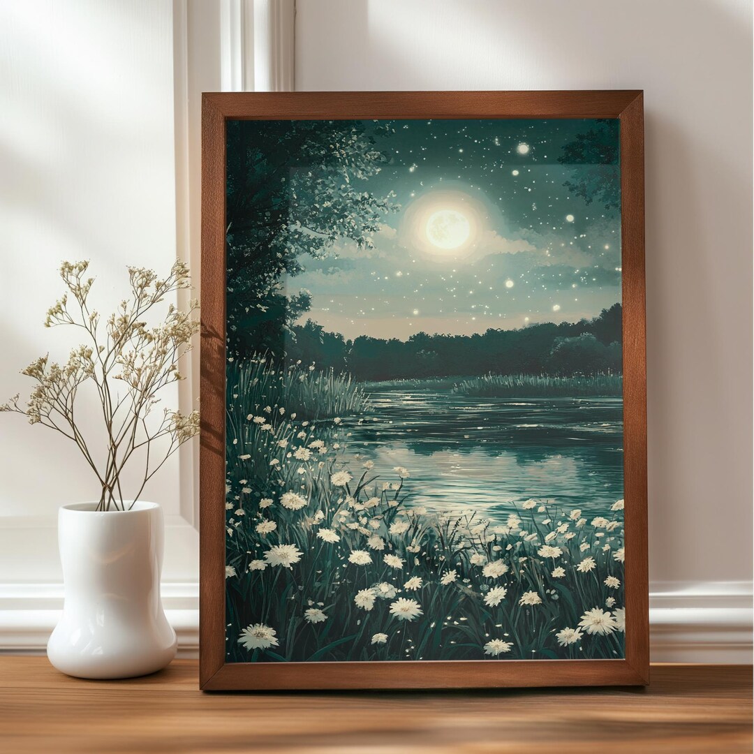 Full Moon Wildflowers at Lake Wall Art, Moonlit Night Flowers Print ...