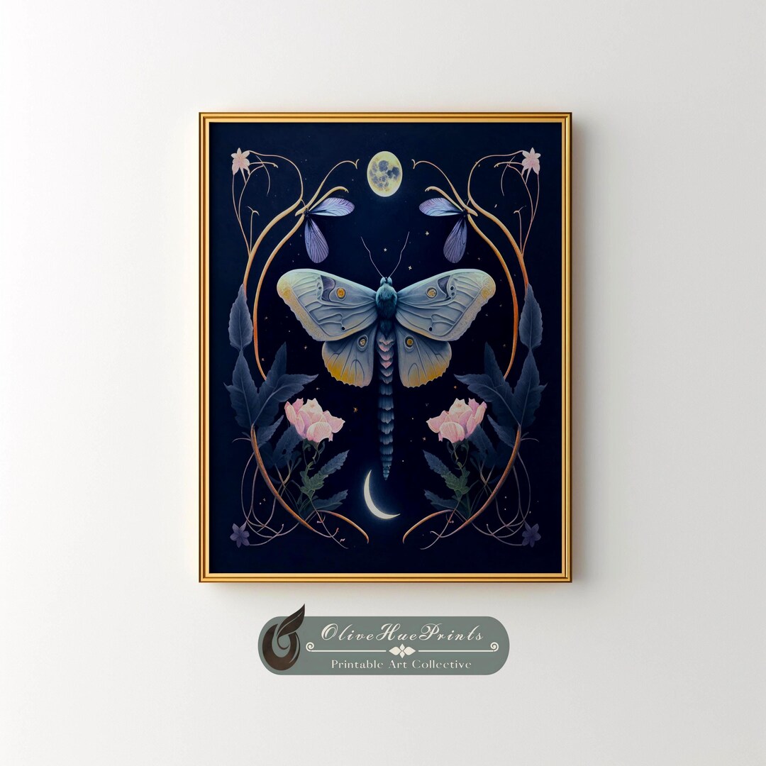William Morris Style Floral Luna Moth Wall Art, Dark Academia Insect ...