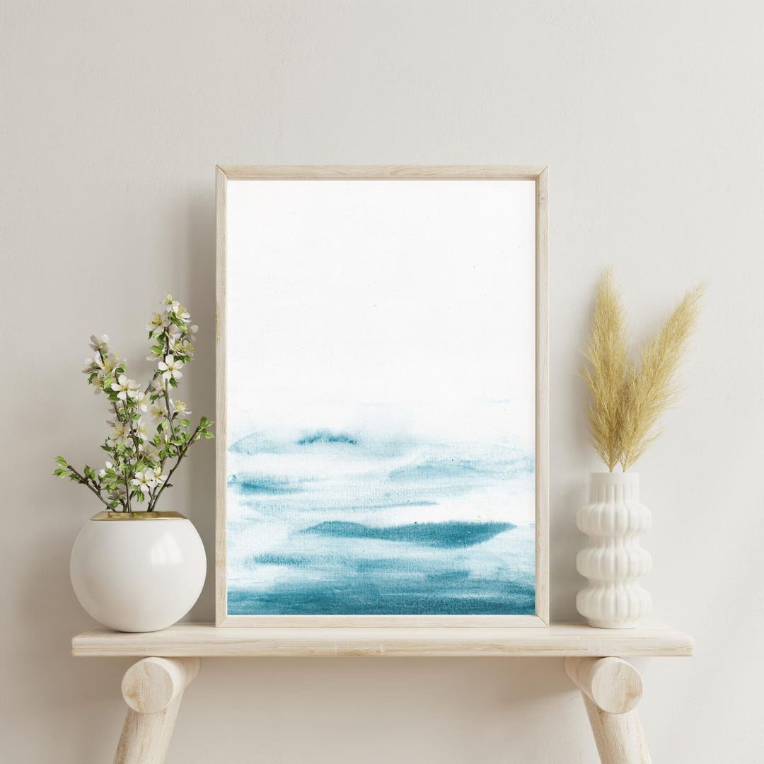 Minimalist Watercolor Blue Ocean Waves Wall Art, Printable Watercolor ...