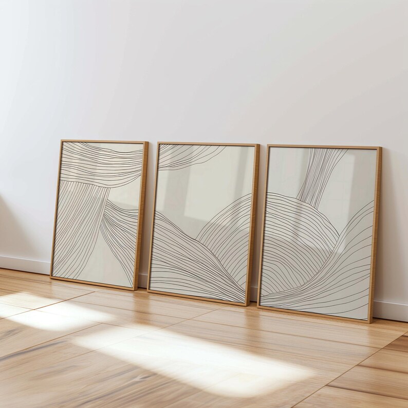 Neutral Abstract Line Art, Set of 3 Beige Printable Art (digital ...