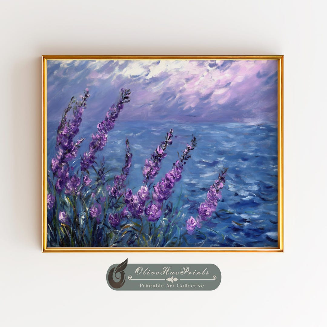 Monet Style Lavender Flowers by the Sea Painting, Impasto Purple Floral ...