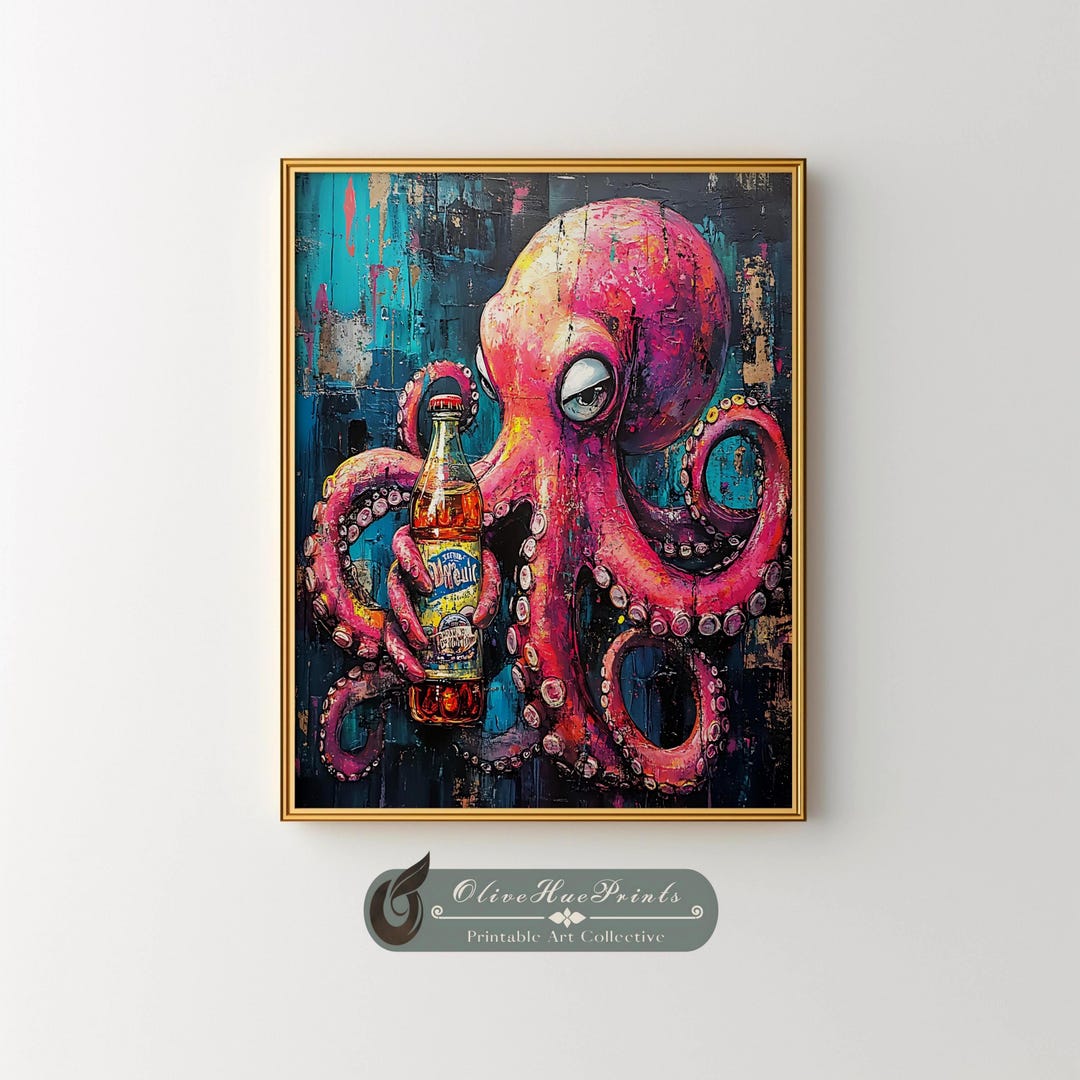 Pink Octopus Bartender Print: Abstract Beer Art, Modern Bar Decor ...