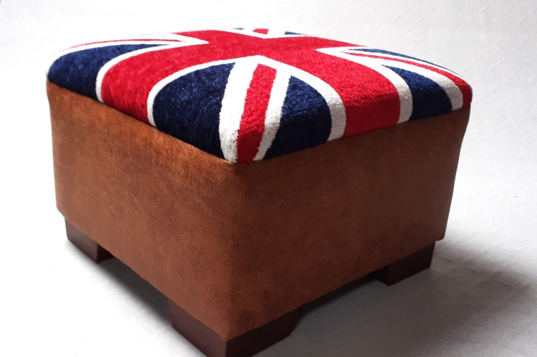 Footstool / Union Jack Upholstery Fabric Top- Distressed Tan Faux ...
