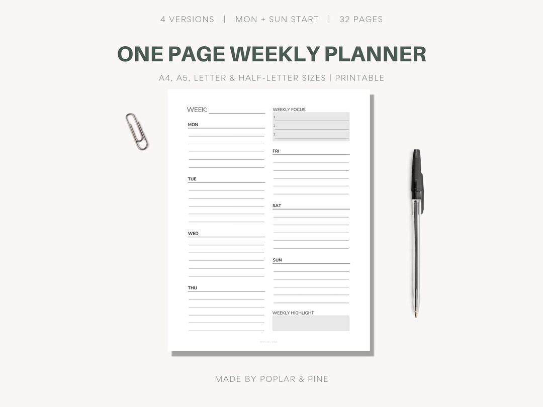 One Page Planner Printable, Weekly Planner, Daily Planner, Reflection ...