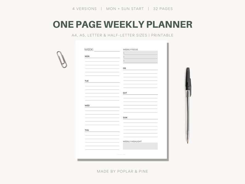 One Page Planner Printable Weekly Planner Daily Planner - Etsy