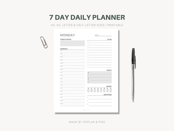 7 Day Planner Printable Daily Planner Weekly Planner Daily - Etsy
