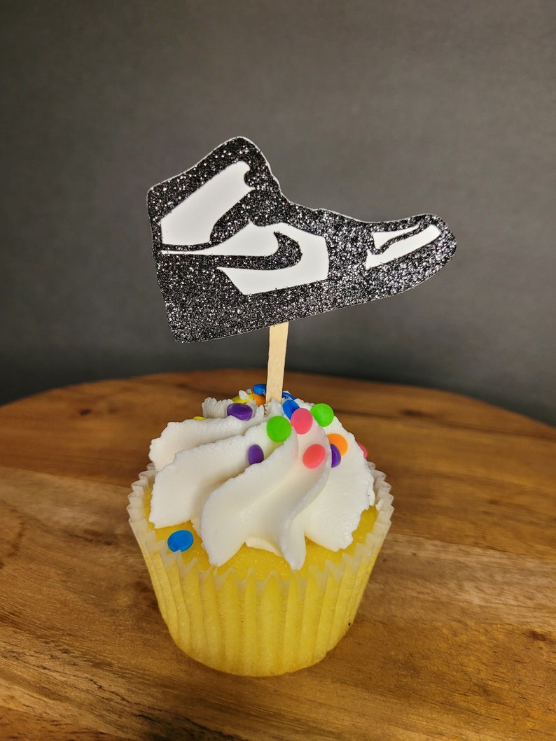 SNEAKER CUPCAKE TOPPERS Air Force Jordan's Sneaker Lovers Red Glitter ...