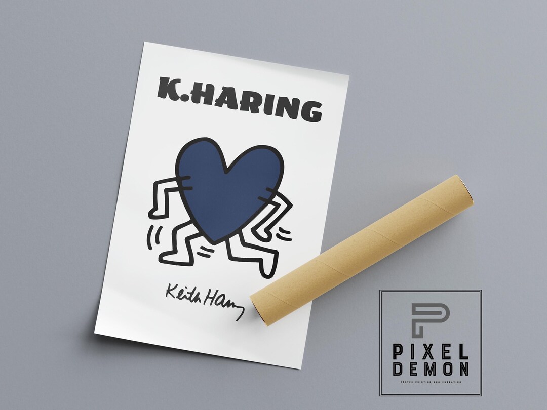 Keith Haring Navy Blue Running Heart Wall Art Posters Poster Prints - Etsy