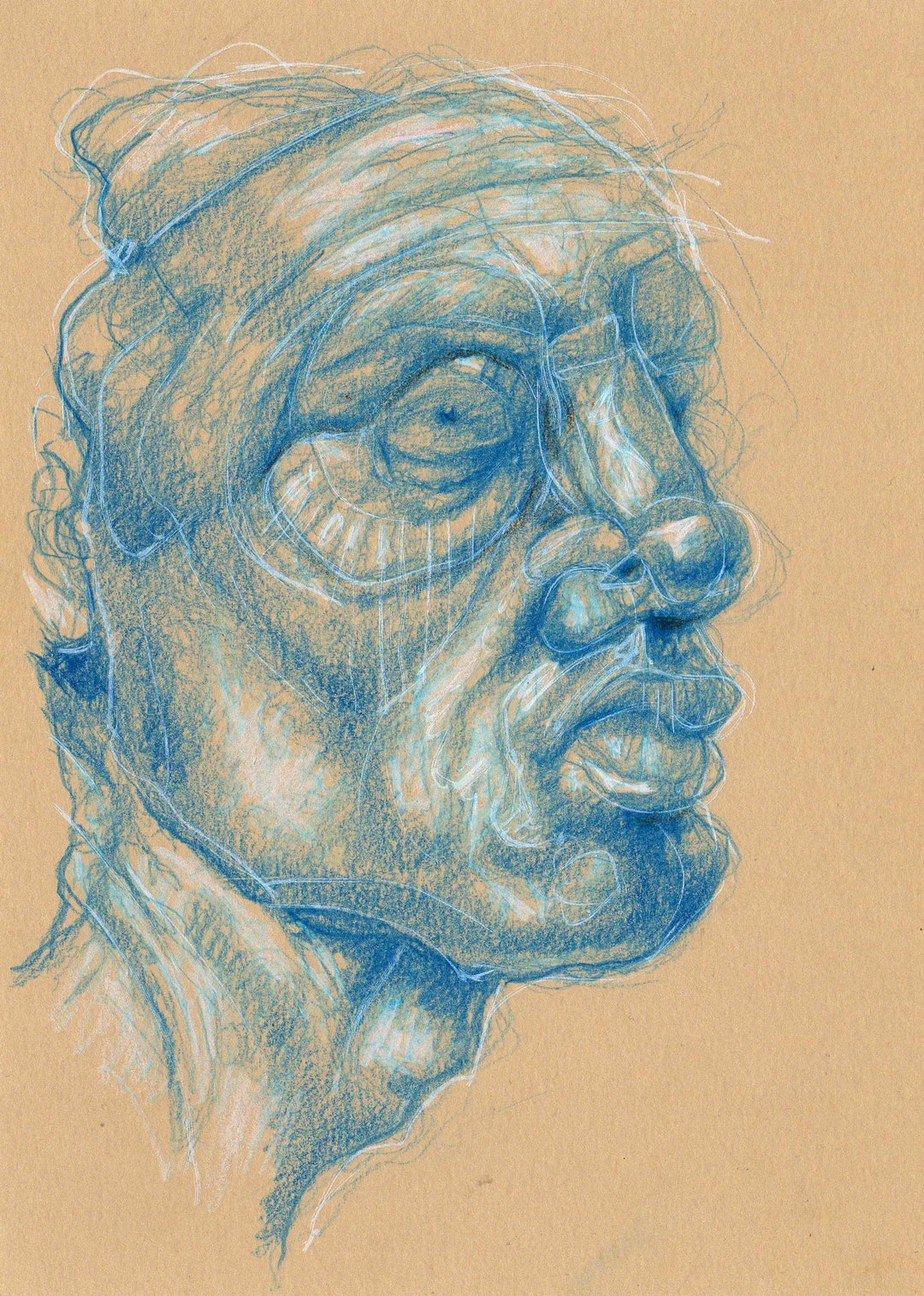 Blue Head. Original Small Coloured Pencil Drawing. Abstract Figurative ...