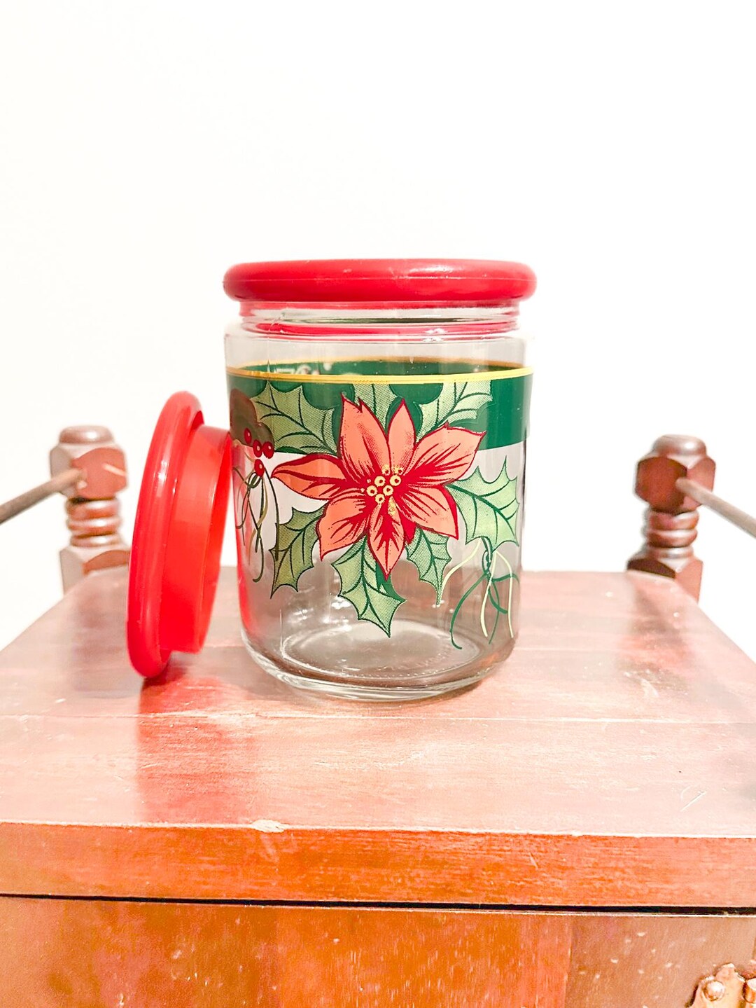 Vintage Christmas Jar, Red Poinsettia Flowers, Glass Candy Jar ...
