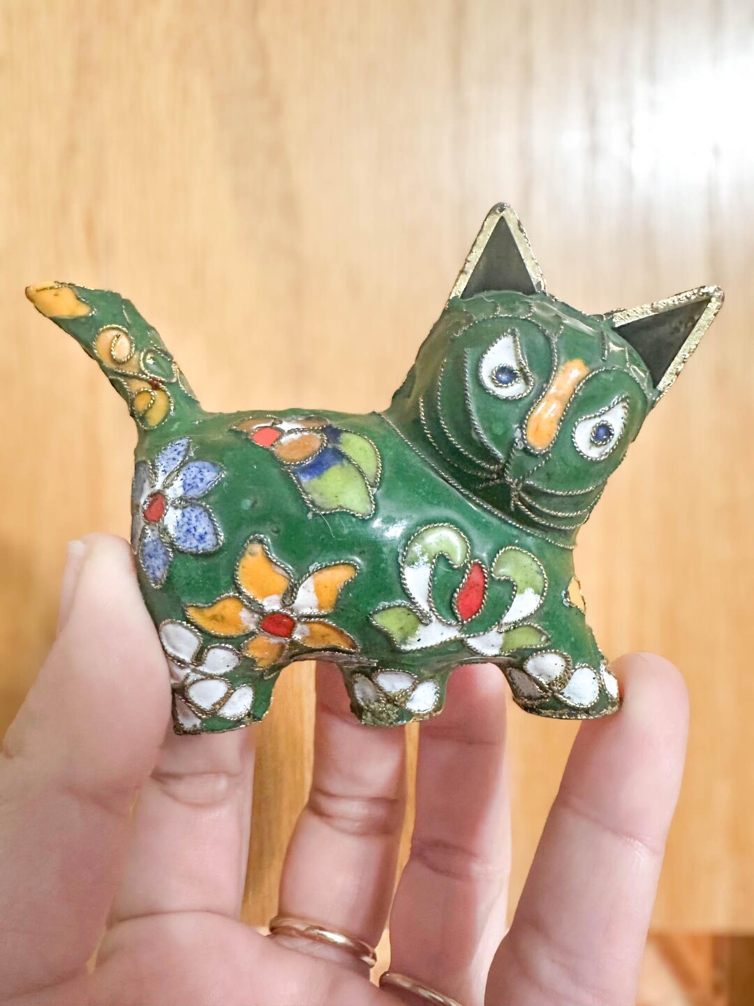 Vintage Green Enamel Cloisonne Cat Figurine 2 - Etsy