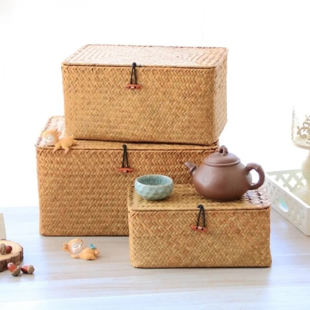 Woven Seagrass Basket With Lid, Wicker Basket Box Container, Seagrass ...