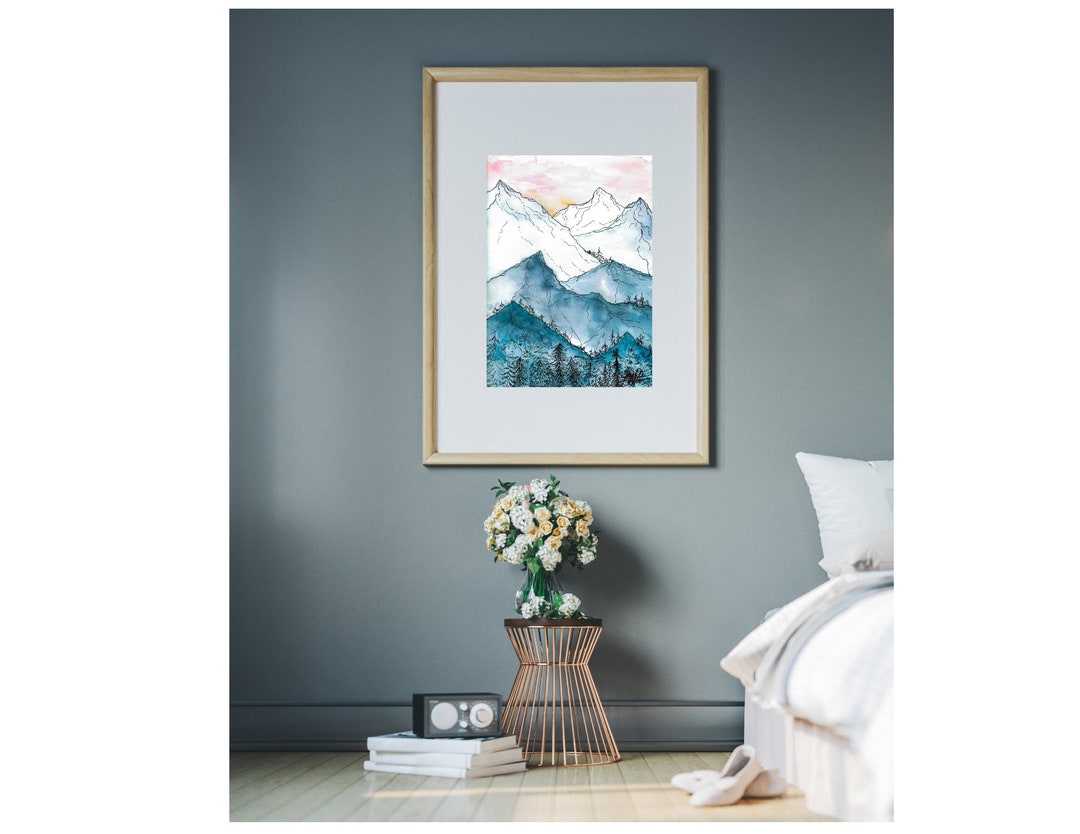 Watercolor Mountain Art Print: Sunrise Mountainscape Scene - Etsy