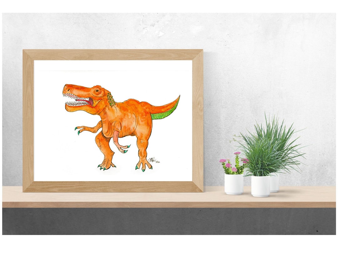 T-rex Watercolor Painting: Orange Dinosaur Art Print - Etsy