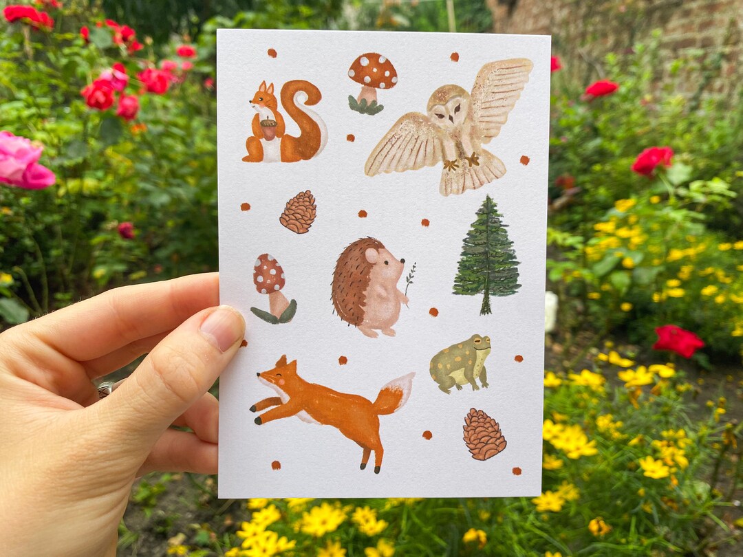 Naturecore Pattern Postcard, Animals Mini Print, Forest Art, Forest ...