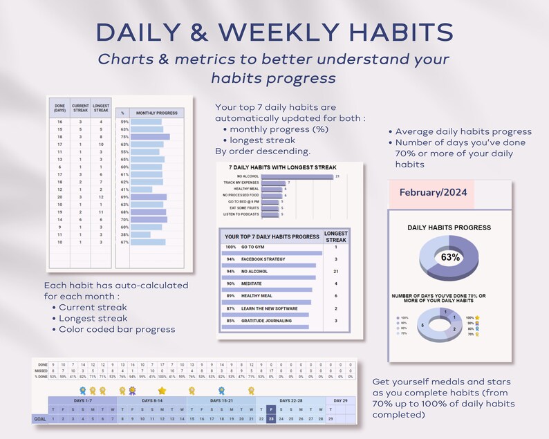 Daily Habit Tracker Google Sheet: Weekly, Monthly, Annual Dashboard ...