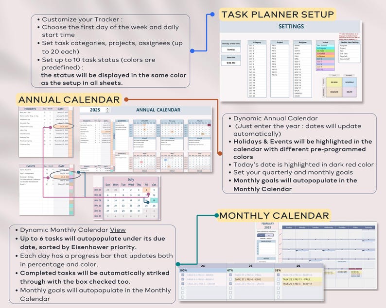 Excel Task Tracker | Kanban Board, Project Planner, Monthly Weekly ...