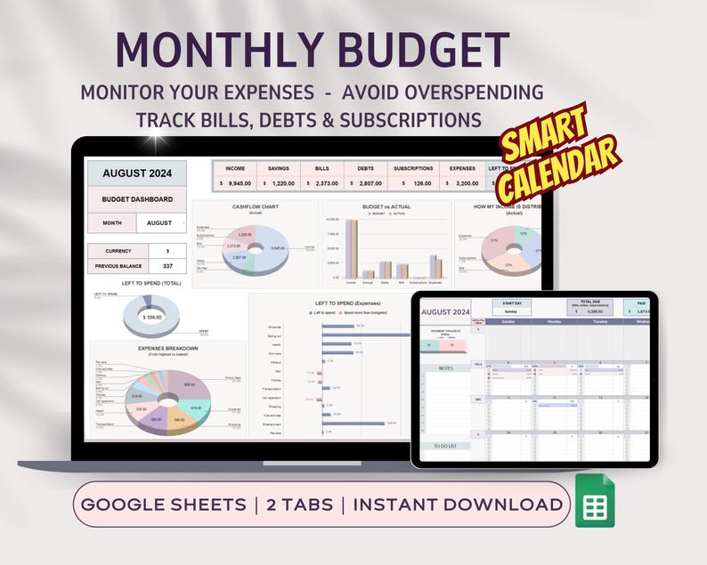 Digital Budget Spreadsheet Google Sheets Template Monthly Budget ...