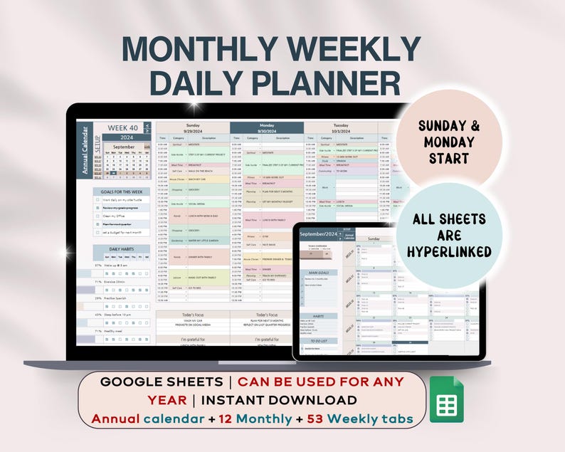 Undated Weekly Planner Google Sheets Template: Daily Routine Schedule ...