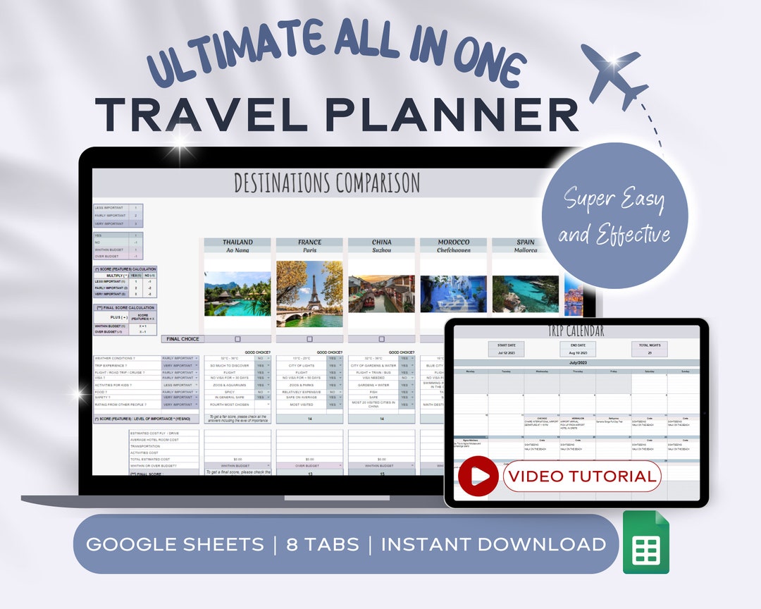 Travel Planner Google Sheets Digital Travel Itinerary Template Packing ...