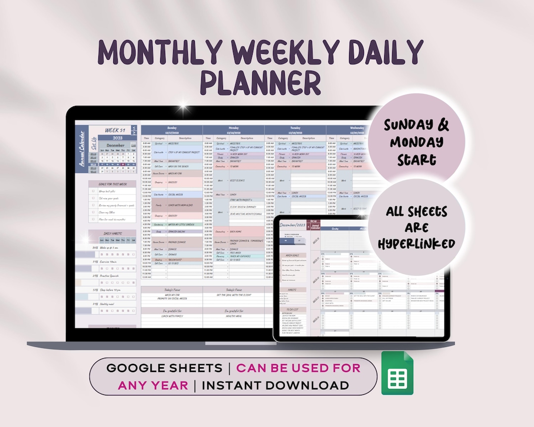 Digital Weekly Planner Google Sheets Template Monthly Calendar 2025 ...