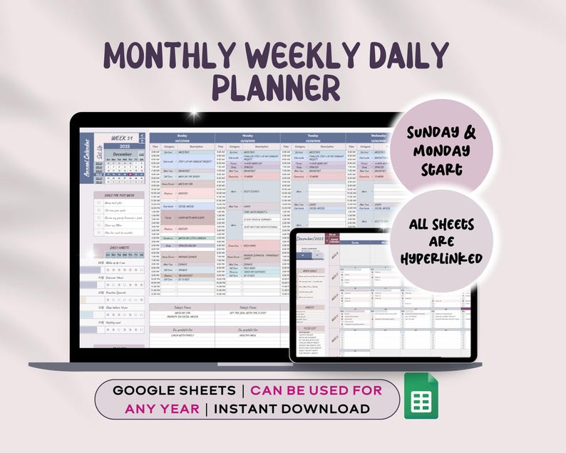 Digital Weekly Planner Google Sheets Template Monthly Calendar 2025 ...