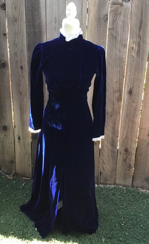 Vintage Dark Royal Blue Velvet Evening Gown Gem
