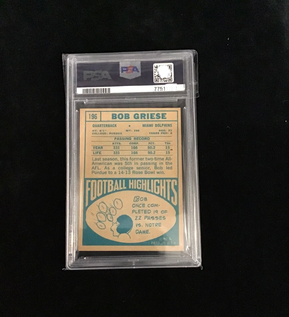 PSA Graded 1968 Topps Bob Griese Rookie Card - Etsy