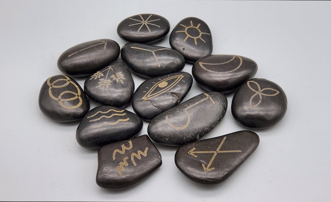 Witch's Runes - Etched Black River Rock - Etsy