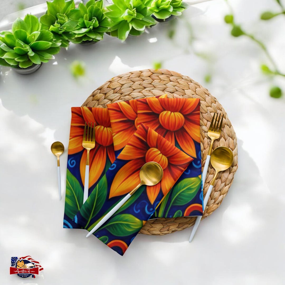 Vibrant Mexican Art Reusable Dinner Napkins Bold Floral Polyester Table ...