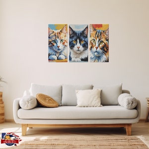 3 Piece Cat Face Canvas Wall Art Set Semiabstract Cat Decor 3 Sizes ...