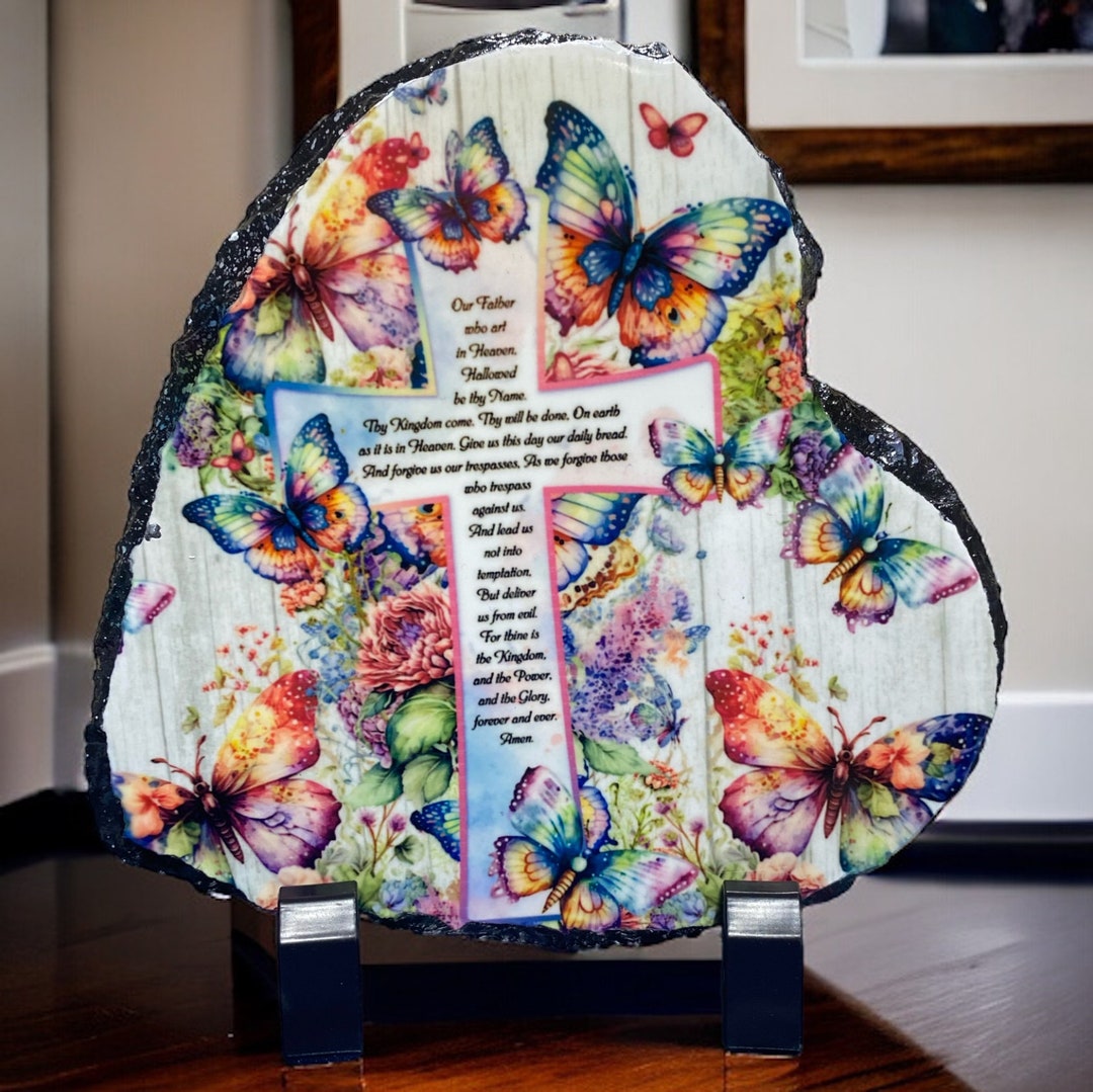 Colorful Floral & Butterfly Cross 6"x6" Heart Shaped Slate Perfect ...