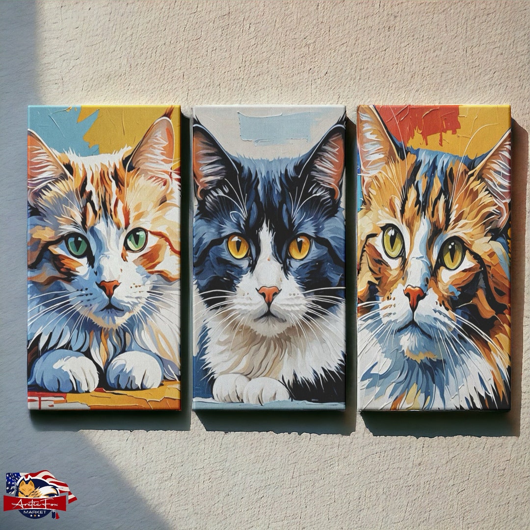 3 Piece Cat Face Canvas Wall Art Set Semiabstract Cat Decor 3 Sizes ...