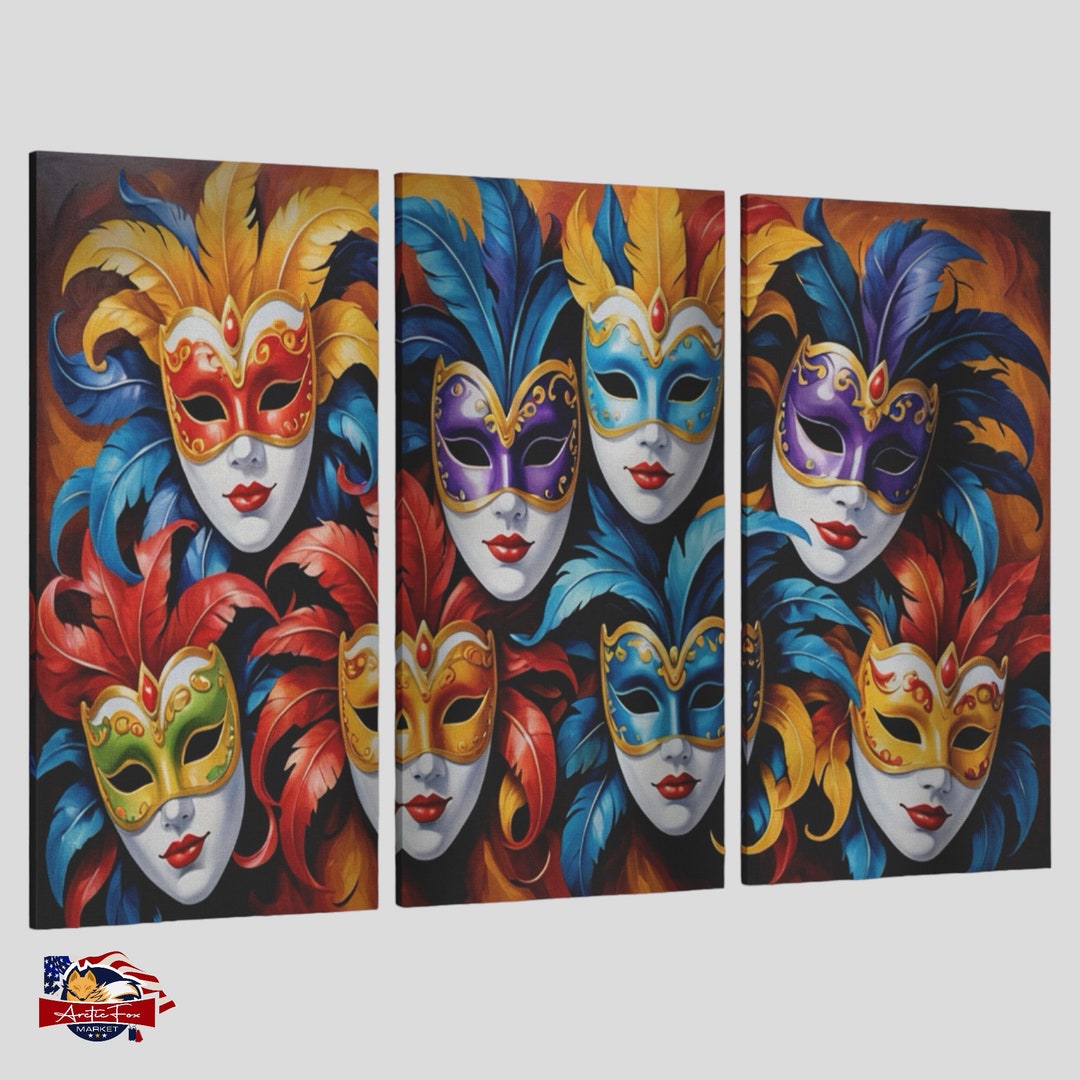 Colorful Masquerade Faces Canvas Wall Art Masquerade Colorful Art Set ...