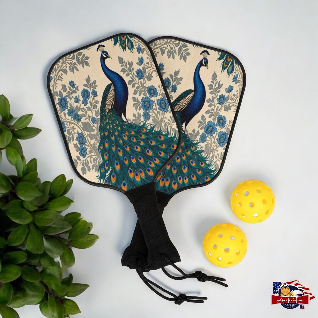 Elegant Peacock Design Pickleball Paddle Set 100% Wood With Vibrant ...