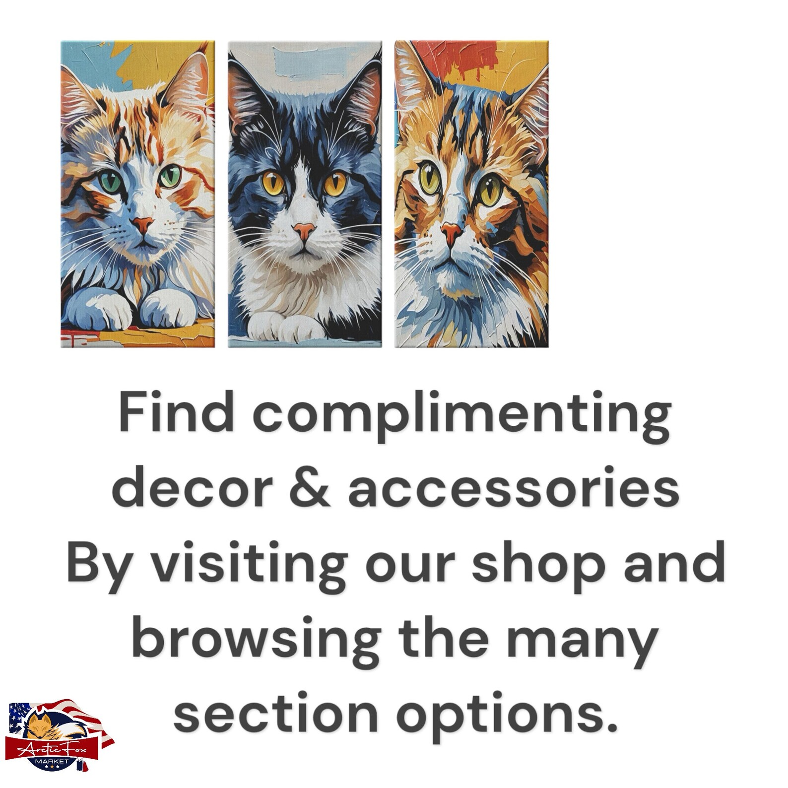 3 Piece Cat Face Canvas Wall Art Set Semiabstract Cat Decor 3 Sizes ...
