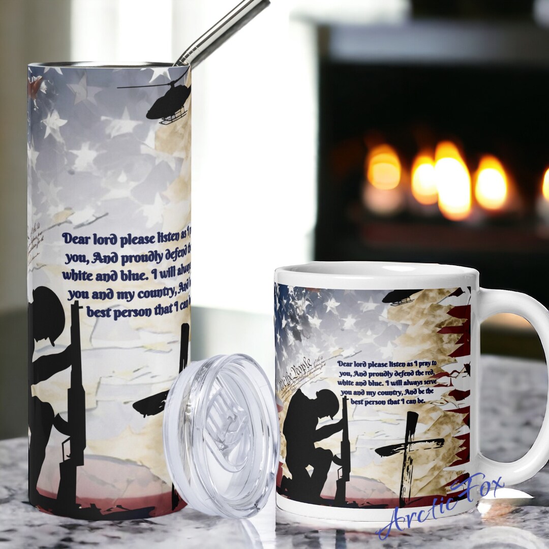 Patriotic Soldiers Prayer Combo Drinkware Set Stainless Steel Tumbler & Ceramic Mug Original ...