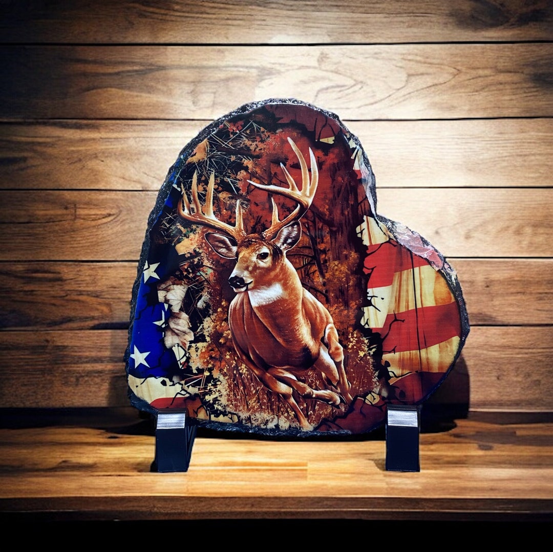 Patriotic Themed Buck in Forest 6"x6" Heart Shaped Photo Slate Perfect ...
