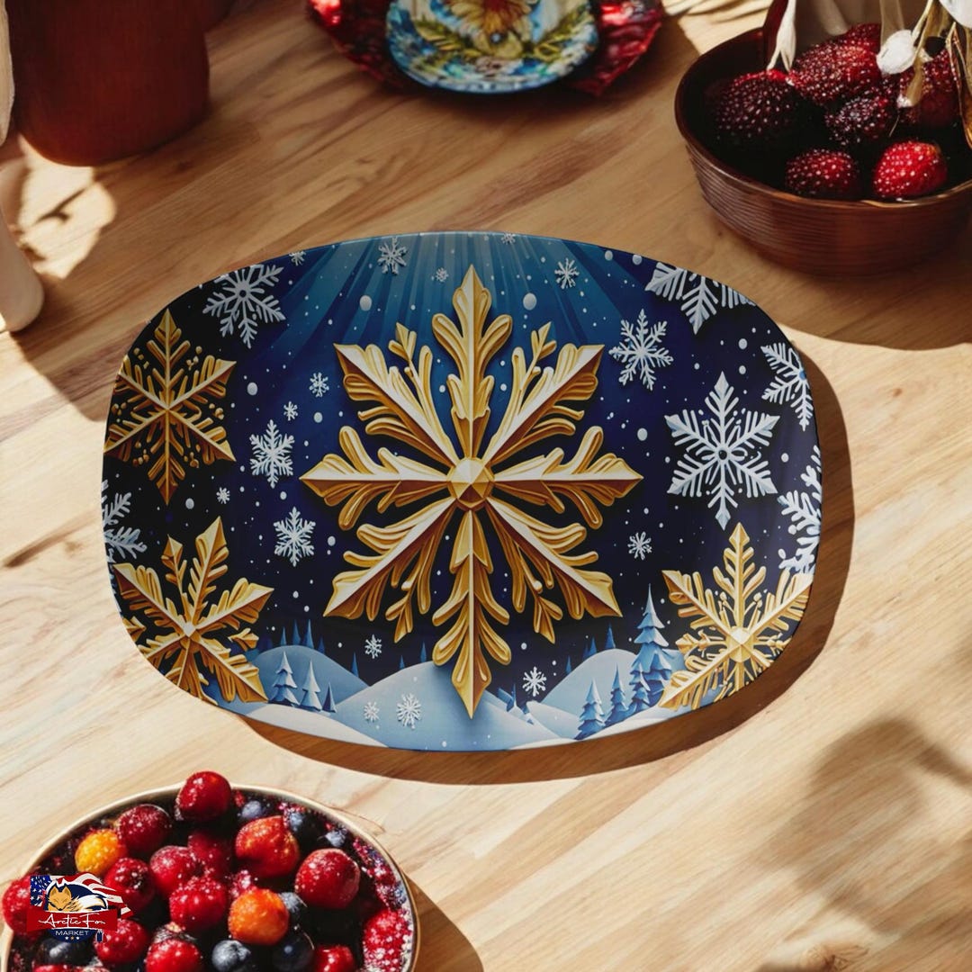 Large Seasonal Snowflake Serving Platter Holiday Gold Snowflake Design ...