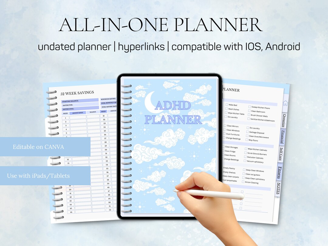 Blue Cloud ADHD Planner, ADHD Digital Planner, Blue Theme Template ...