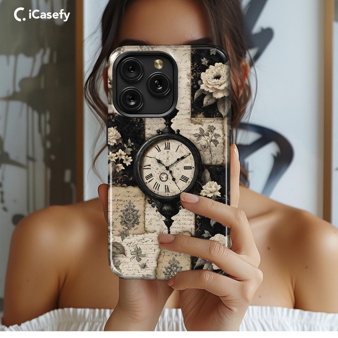 Retro Clock Flower Old Paper Notes Phone Case for iPhone 16 Pro Max 15 ...